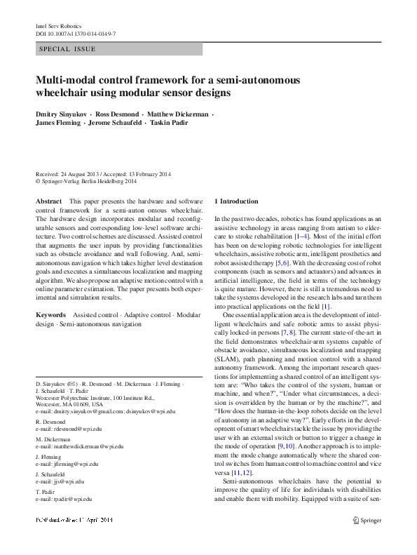 (PDF) Multi-modal control framework for a semi-autonomous wheelchair using modular sensor designs