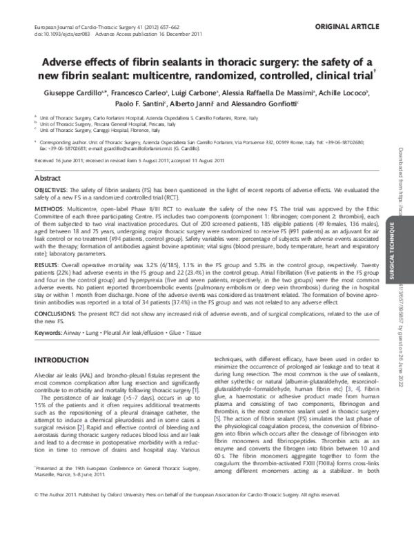(PDF) Adverse effects of fibrin sealants in thoracic surgery: the safety of a new fibrin sealant ...