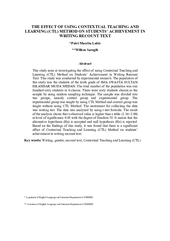 (PDF) The Effect of Using Contextual Teaching and Learning (CTL) Method on Students’ Achievement ...