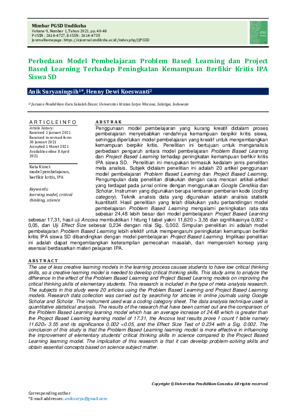 (PDF) Perbedaan Model Pembelajaran Problem Based Learning dan Project Based Learning Terhadap ...