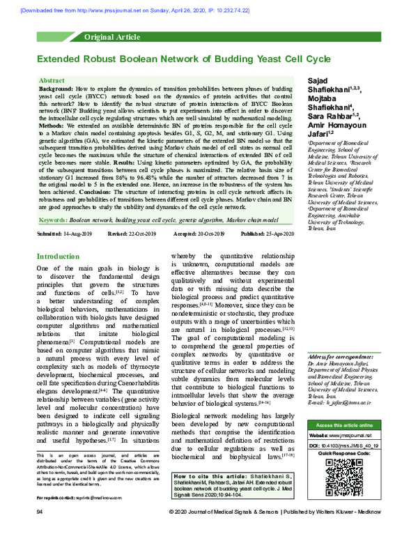 Pdf Extended Robust Boolean Network Of Budding Yeast Cell Cycle