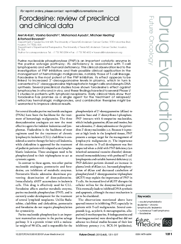 (PDF) Forodesine: review of preclinical and clinical data