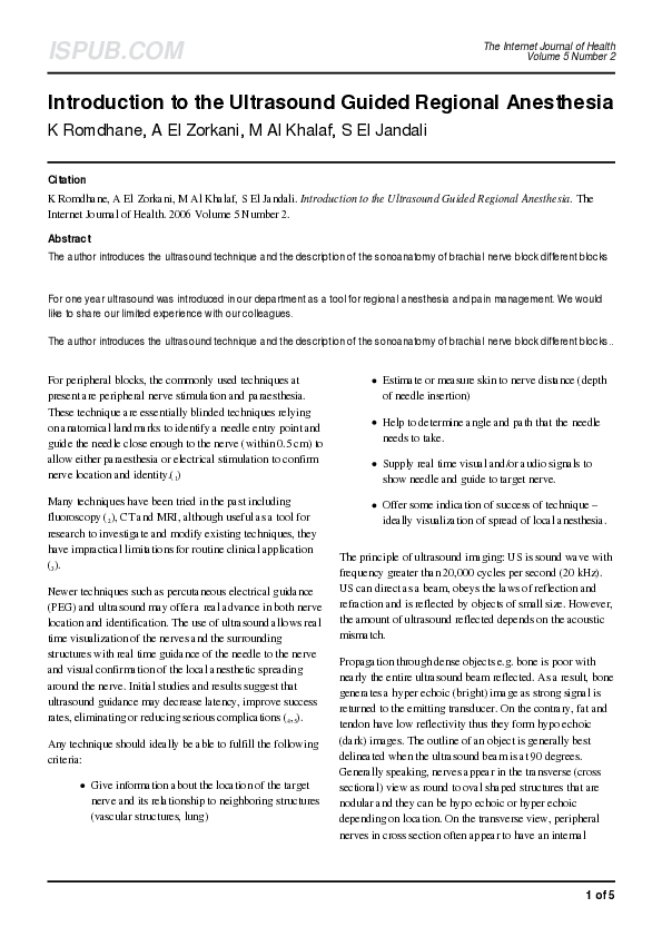 (PDF) Introduction to the Ultrasound Guided Regional Anesthesia
