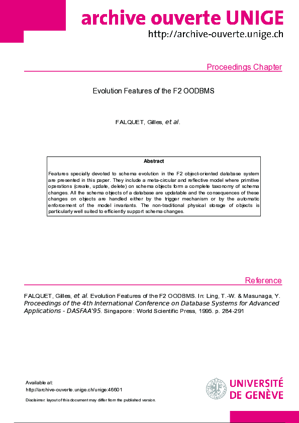Evolution Features of the F 2 OODBMS FALQUET , Gilles