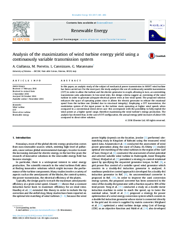 (PDF) Analysis of the maximization of wind turbine energy yield using a continuously variable ...