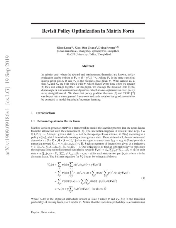 (PDF) Revisit Policy Optimization in Matrix Form