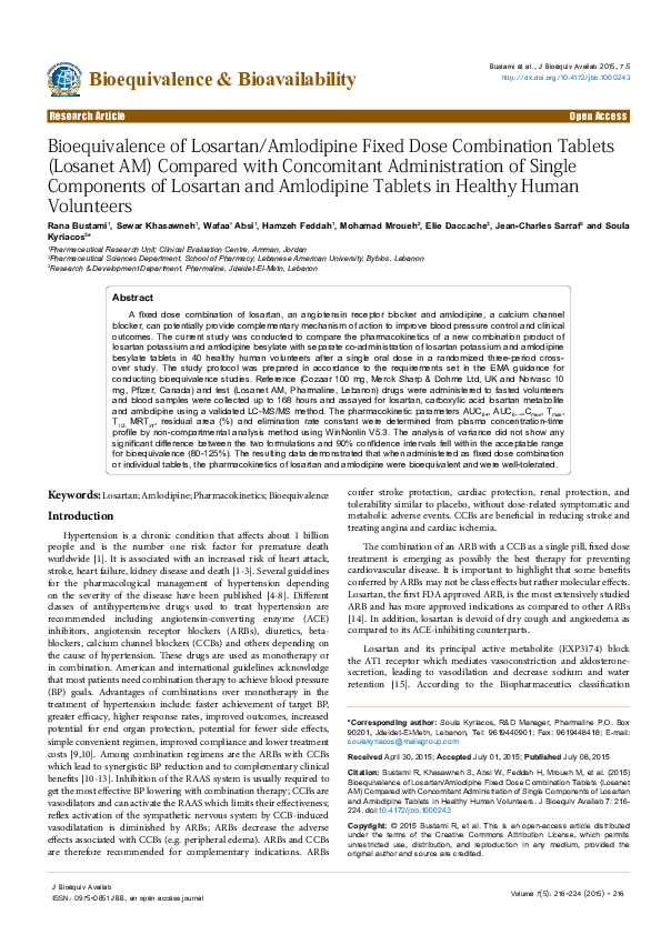 (PDF) Bioequivalence of Losartan/Amlodipine Fixed Dose Combination ...