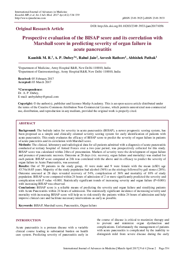 (PDF) Prospective evaluation of the BISAP score and its correlation ...