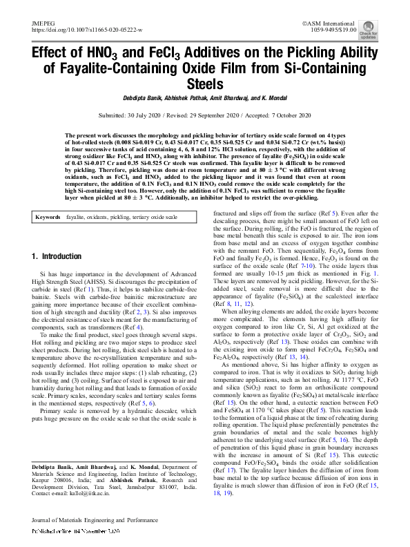 (PDF) Effect of HNO3 and FeCl3 Additives on the Pickling Ability of ...