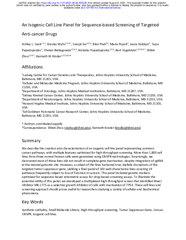 An Isogenic Cell Line Panel for Sequence-based Screening of Targeted ...