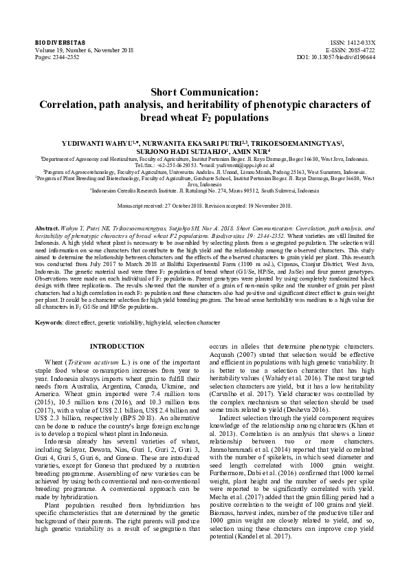 (PDF) Short Communication: Correlation, path analysis, and heritability of phenotypic characters ...