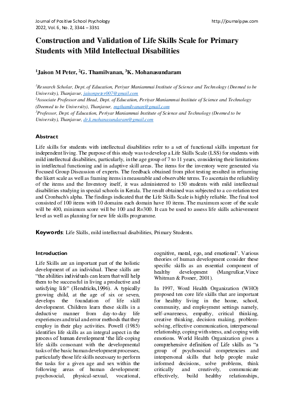 (PDF) Construction and Validation of Life Skills Scale for Primary ...