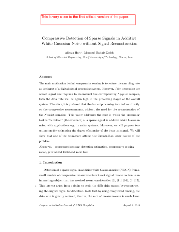 Pdf Compressive Detection Of Sparse Signals In Additive White