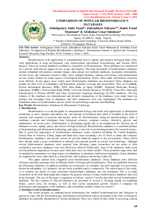 (PDF) Comparison Of Popular Bioinformatics Databases