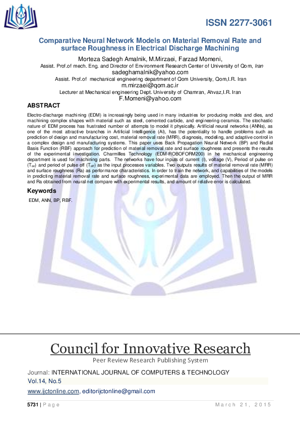 Pdf Comparative Neural Network Models On Material Removal Rate And Surface Roughness In