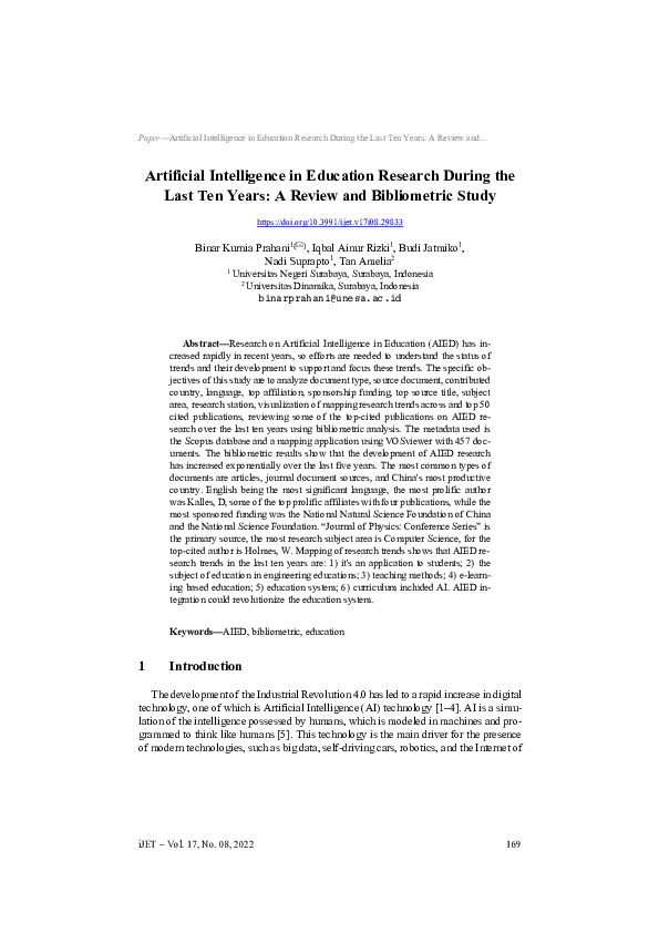 (PDF) Artificial Intelligence in Education Research During The Last Ten ...