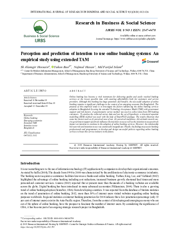 (PDF) Perception and prediction of intention to use online banking systems