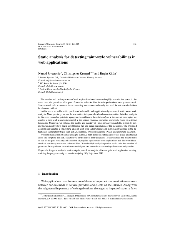 (PDF) Static analysis for detecting taint-style vulnerabilities in web applications