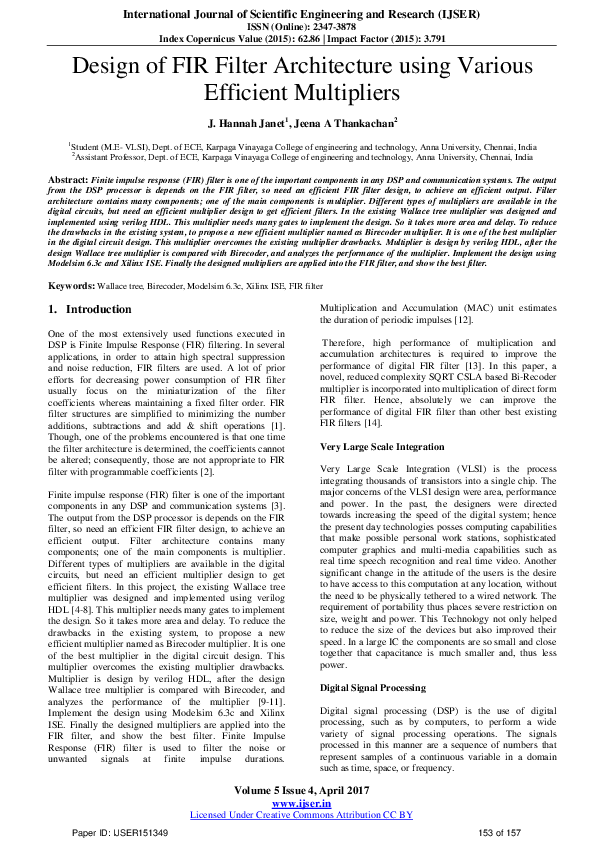 Pdf Design Of Fir Filter Architecture Using Various Efficient Multipliers