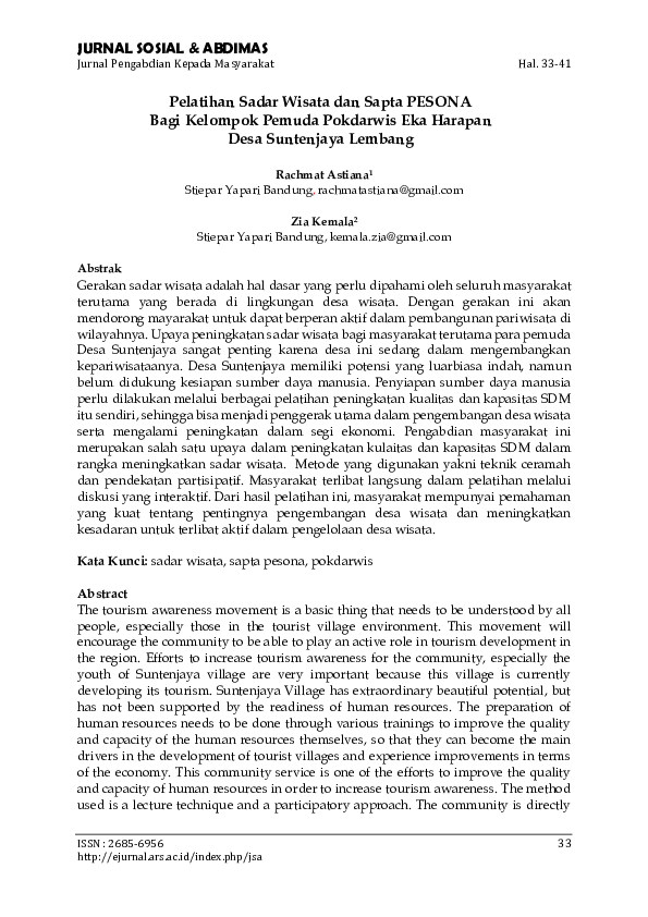 (PDF) Pelatihan Sadar Wisata dan Sapta PESONA Bagi Kelompok Pemuda Pokdarwis Eka Harapan Desa ...