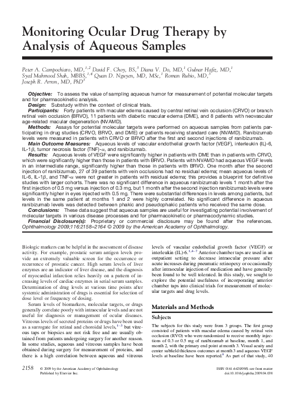 (PDF) Monitoring Ocular Drug Therapy by Analysis of Aqueous Samples