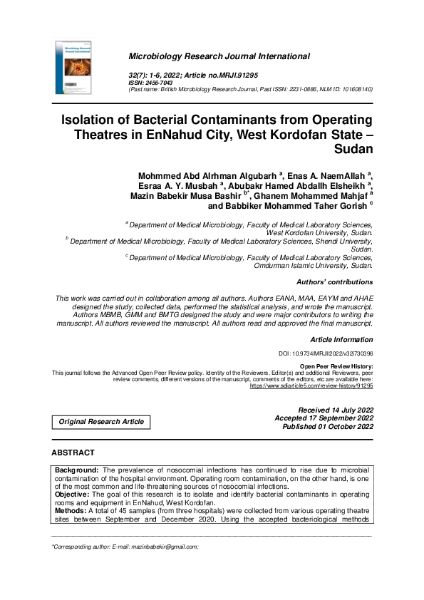 (PDF) Isolation of Bacterial Contaminants from Operating Theatres in EnNahud City, West Kordofan ...