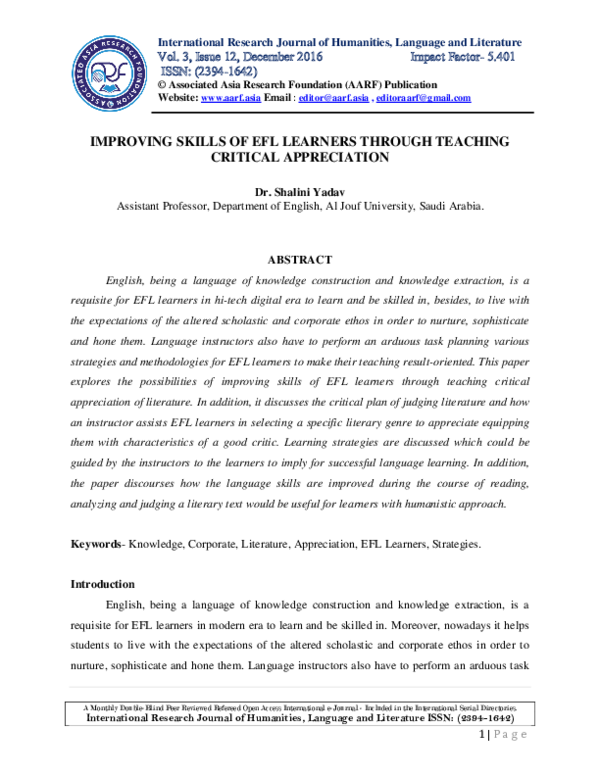 (PDF) Improving EFL Skills Through Literature Appreciation