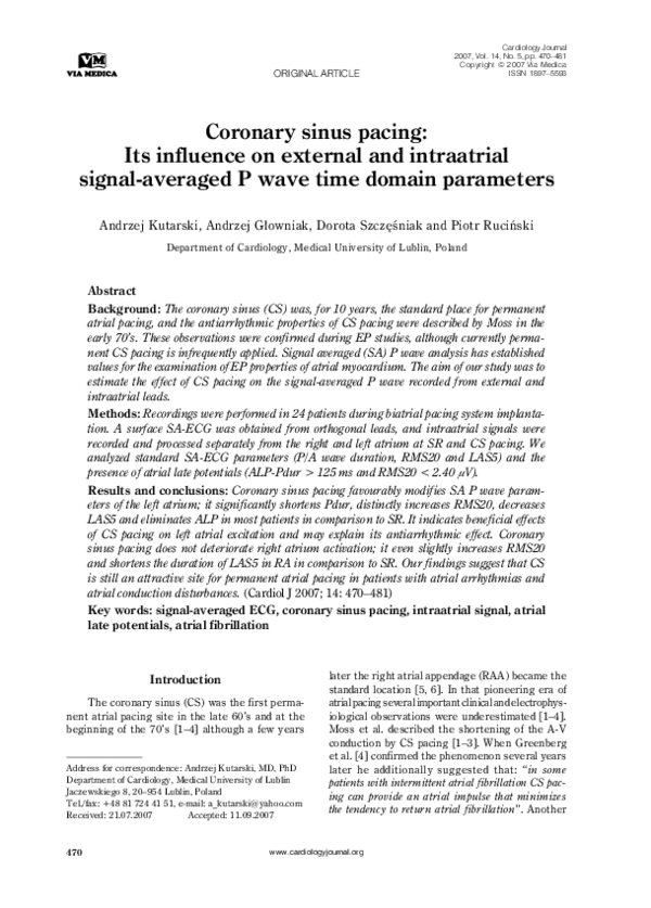 (PDF) Coronary sinus pacing: Its influence on external and intraatrial ...
