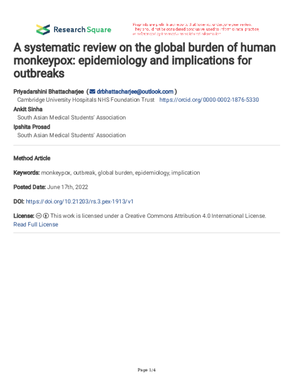 (PDF) A systematic review on the global burden of human monkeypox ... (PDF) A systematic review on the global burden of human monkeypox ...