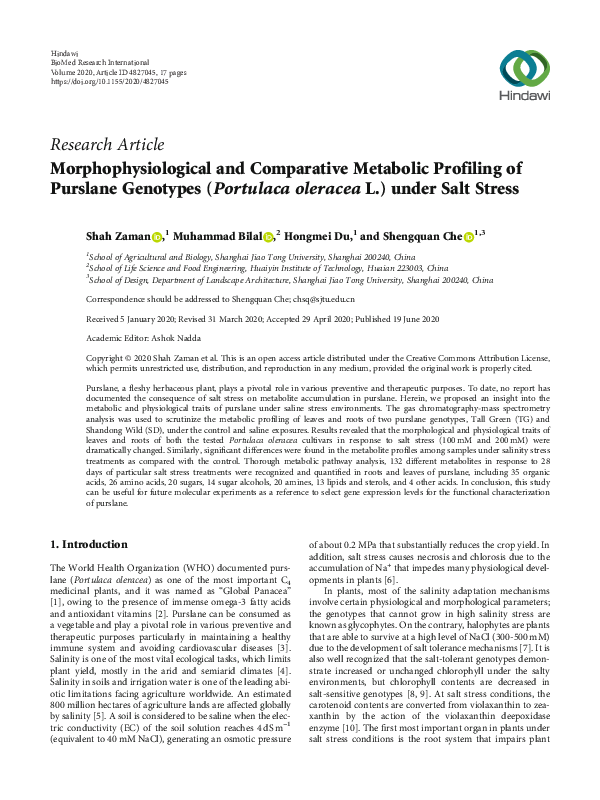 (PDF) Morphophysiological and Comparative Metabolic Profiling of Purslane Genotypes (Portulaca ...