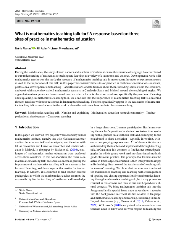(PDF) What is mathematics teaching talk for? A response based on three ...
