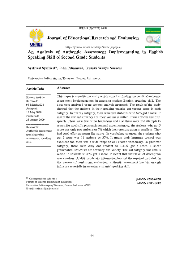 (PDF) An An Analysis of Authentic Assessment Implementation in English Speaking Skill of Second ...