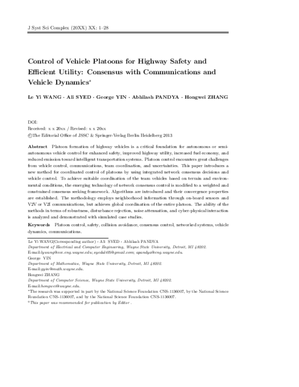 (PDF) Control of vehicle platoons for highway safety and efficient ...