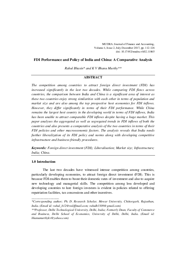 (PDF) FDI Performance and Policy of India and China: A Comparative Analysis