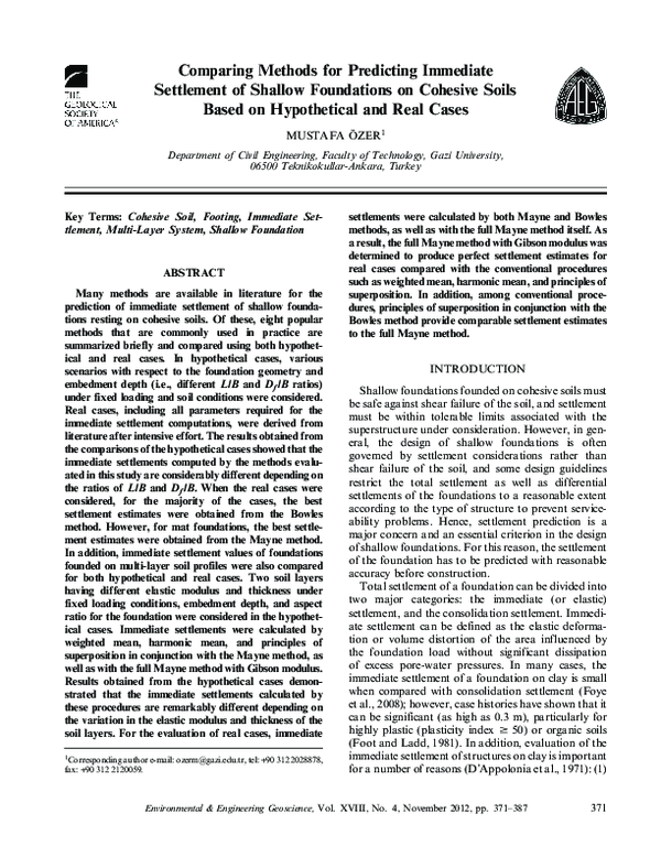 Pdf Comparing Methods For Predicting Immediate Settlement Of Shallow Foundations On Cohesive