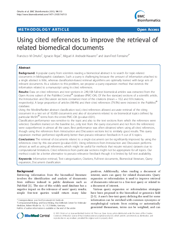 (PDF) Using cited references to improve the retrieval of related biomedical documents