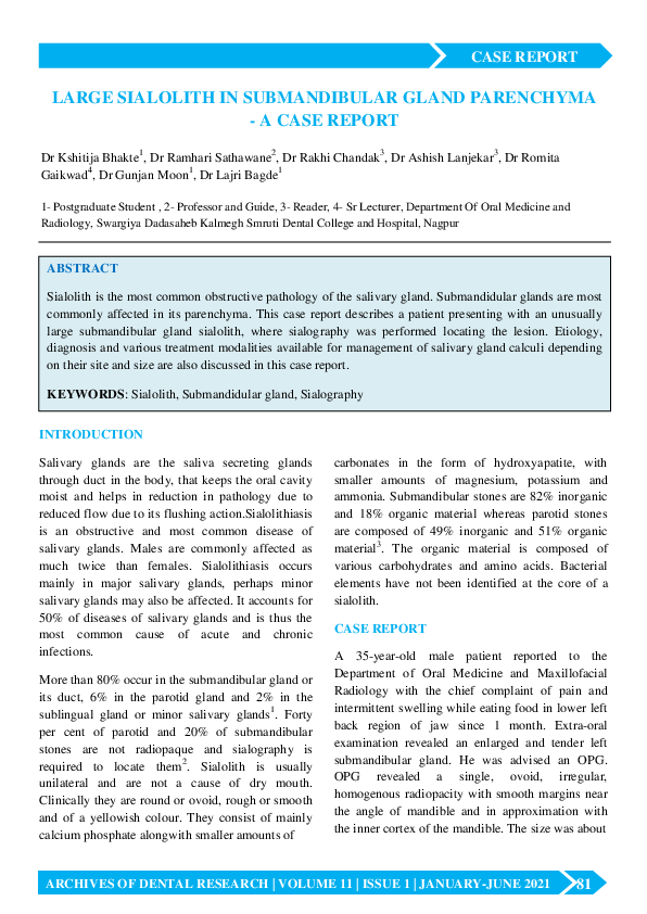 (PDF) Large Sialolith in Submandibular gland parenchyma - A Case Report