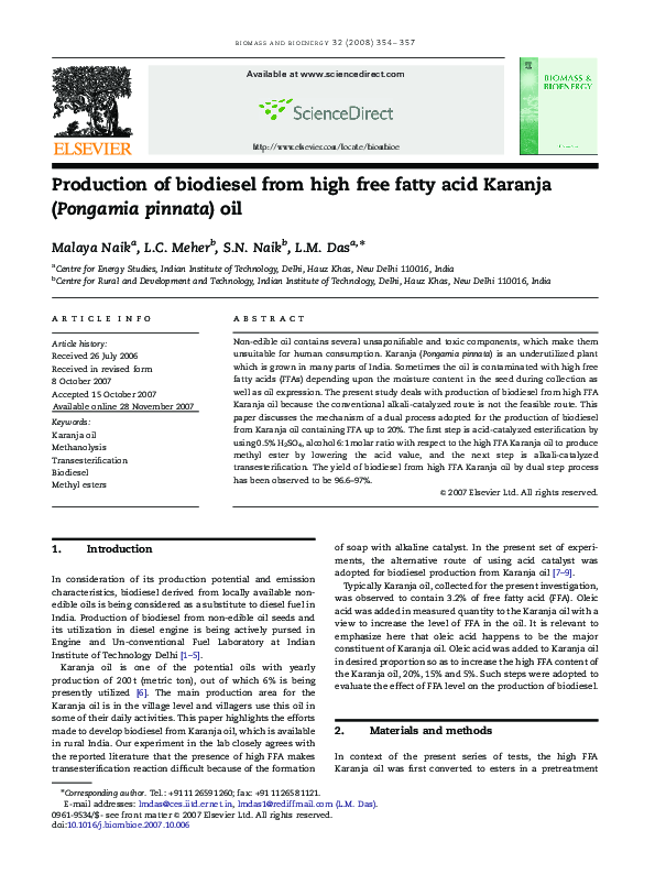 (PDF) Production of biodiesel from high free fatty acid Karanja ...