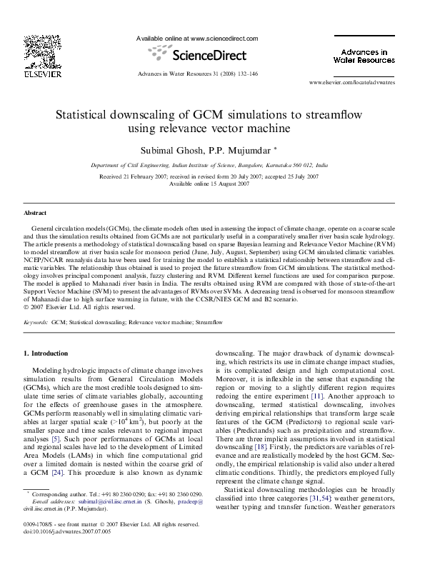 (PDF) Statistical downscaling of GCM simulations to streamflow using relevance vector machine
