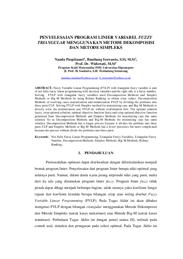 Pdf Penyelesaian Program Linier Variabel Fuzzy Triangular Menggunakan