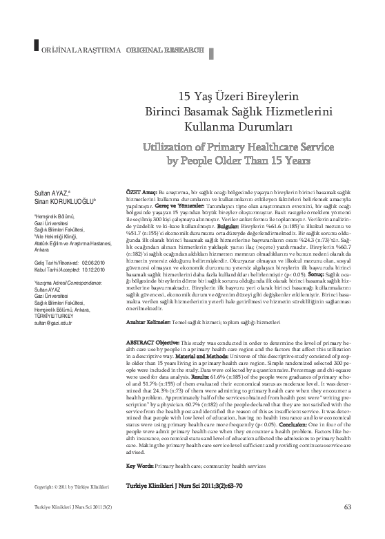 (PDF) 15 Yaş Üzeri Bireylerin Birinci Basamak Sağlık Hizmetlerini ...