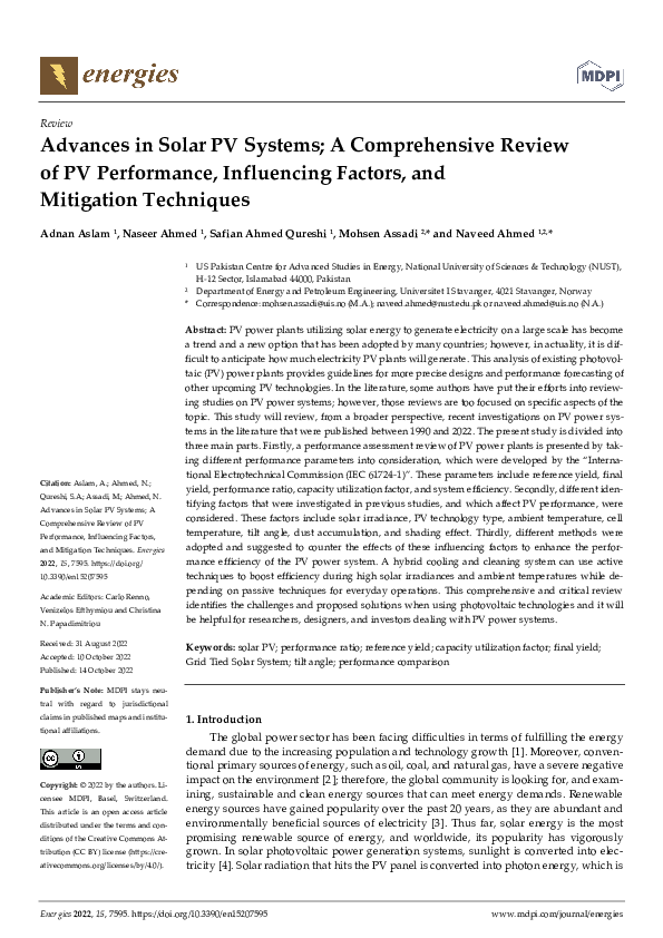 (PDF) Advances in Solar PV Systems; A Comprehensive Review of PV Performance, Influencing ...