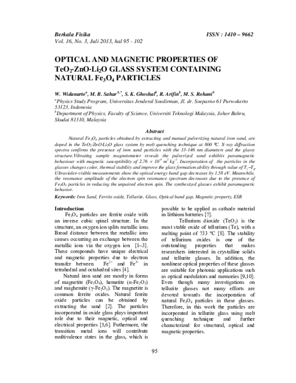 (PDF) OPTICAL AND MAGNETIC PROPERTIES OF TeO2⋅ZnO⋅Li2O GLASS SYSTEM ...