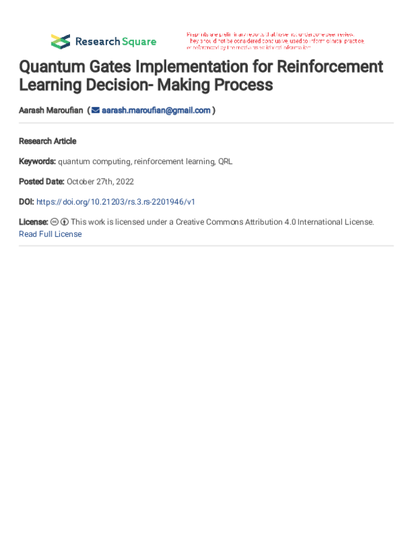 (PDF) Quantum Gates Implementation for Reinforcement Learning Decision ...