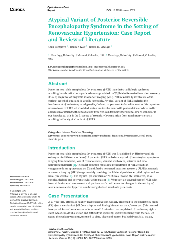 (PDF) Atypical Variant of Posterior Reversible Encephalopathy Syndrome ...