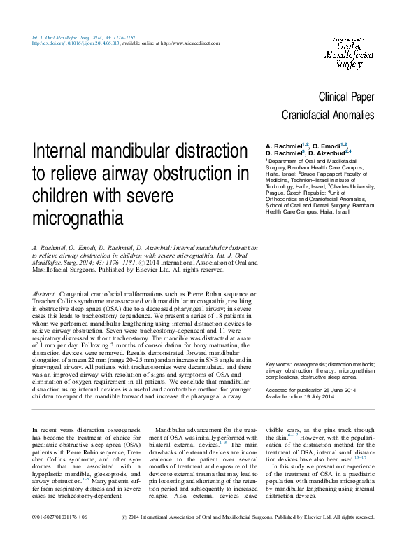 (PDF) Internal mandibular distraction to relieve airway obstruction in ...