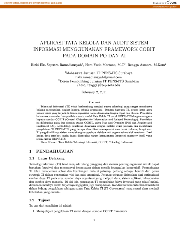 (PDF) Aplikasi Tata Kelola Dan Audit Sistem Informasi Menggunakan Framework Cobit