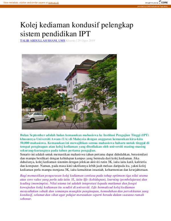 (PDF) Kolej kediaman kondusif pelengkap sistem pendidikan IPT