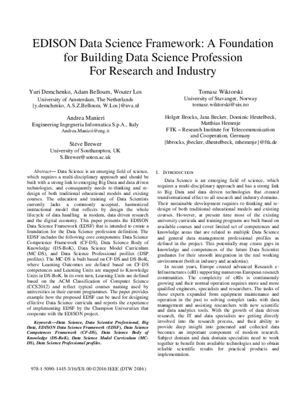 Pdf Edison Data Science Framework A Foundation For Building Data Science Profession For