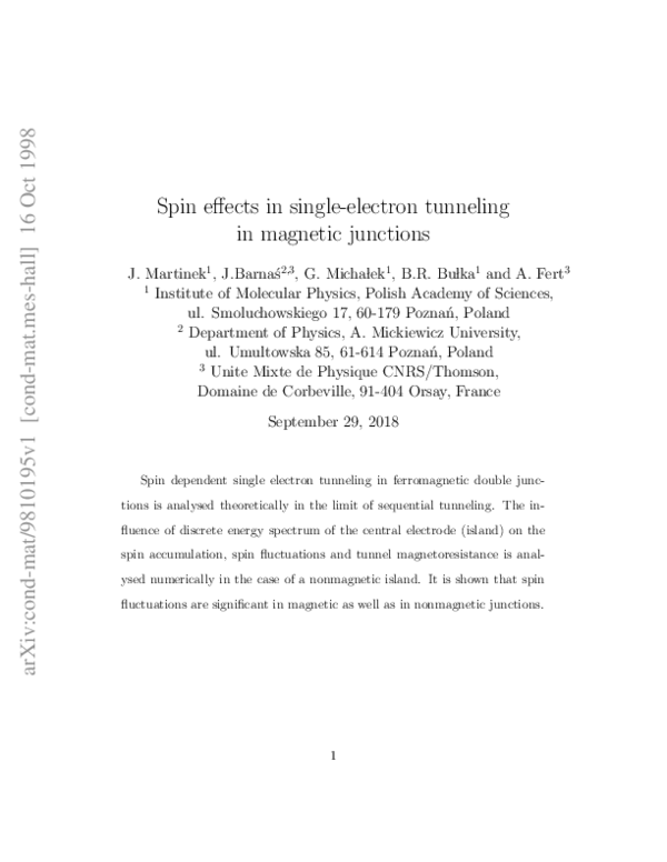 (PDF) Spin effects in single-electron tunneling in magnetic junctions